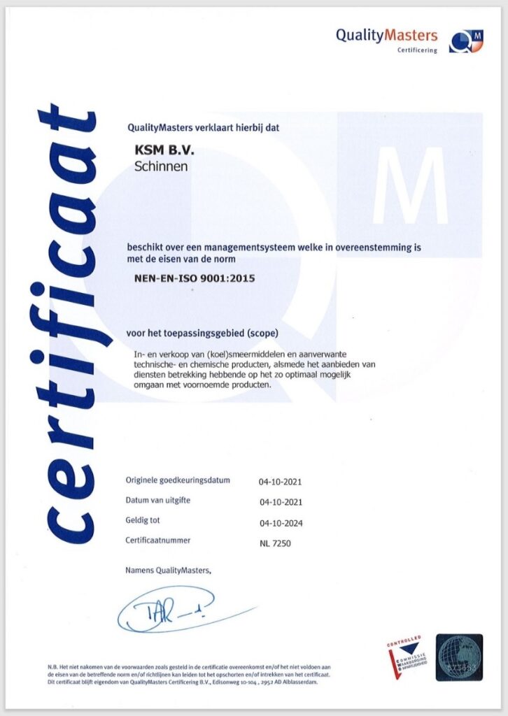 ISO Certificatie / VGM Beleidsverklaring - KSM smering en onderhoud